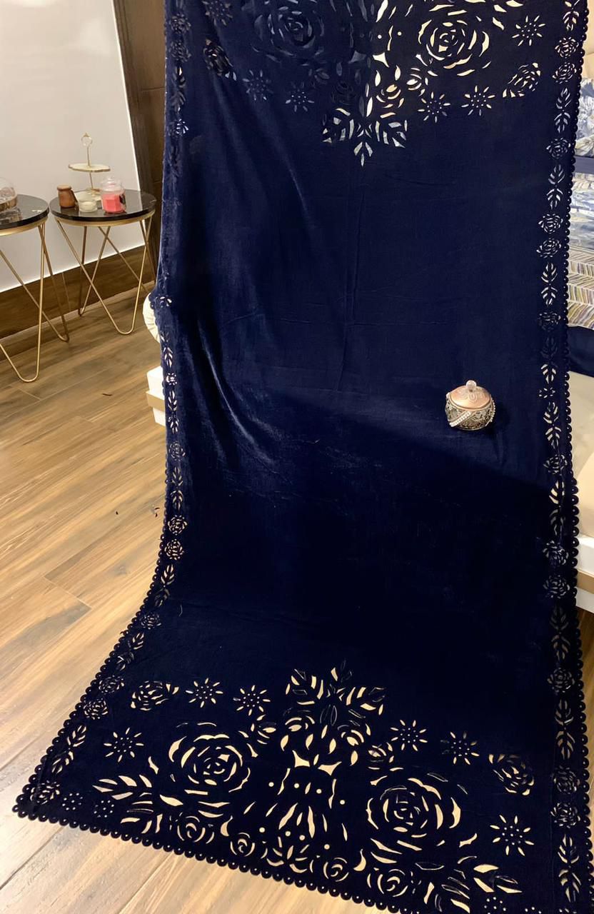 Laser Cut Velvet Shawl 2024 - Roses Navy Blue